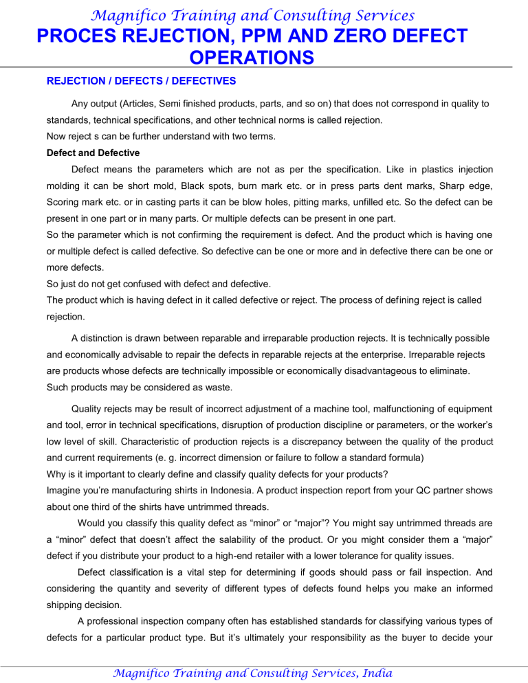 Process rejection, PPM and Zero defect operations
