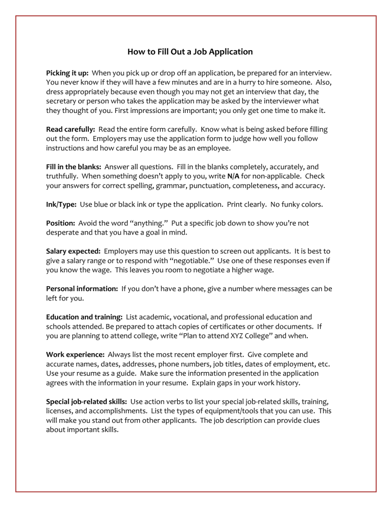 FILLING OUT A JOB APPLICATION