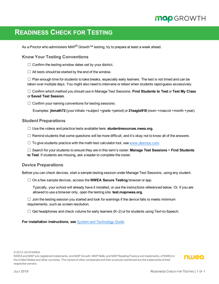 MAP Growth Test Proctor Readiness Checklist