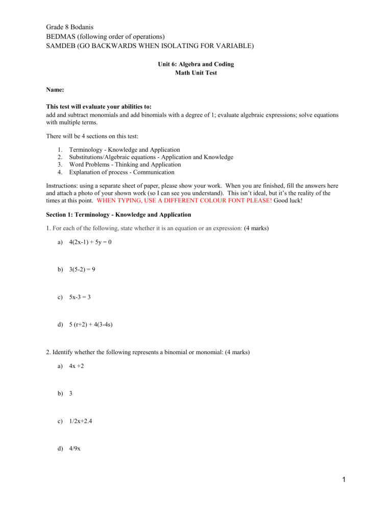 Grade 8 Math Unit Test: Algebra & Coding