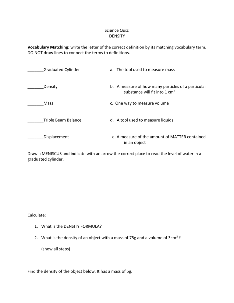 Density Quiz: Vocabulary, Calculations, and Concepts
