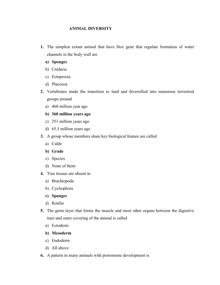 Animal Diversity Exam: Questions and Answers