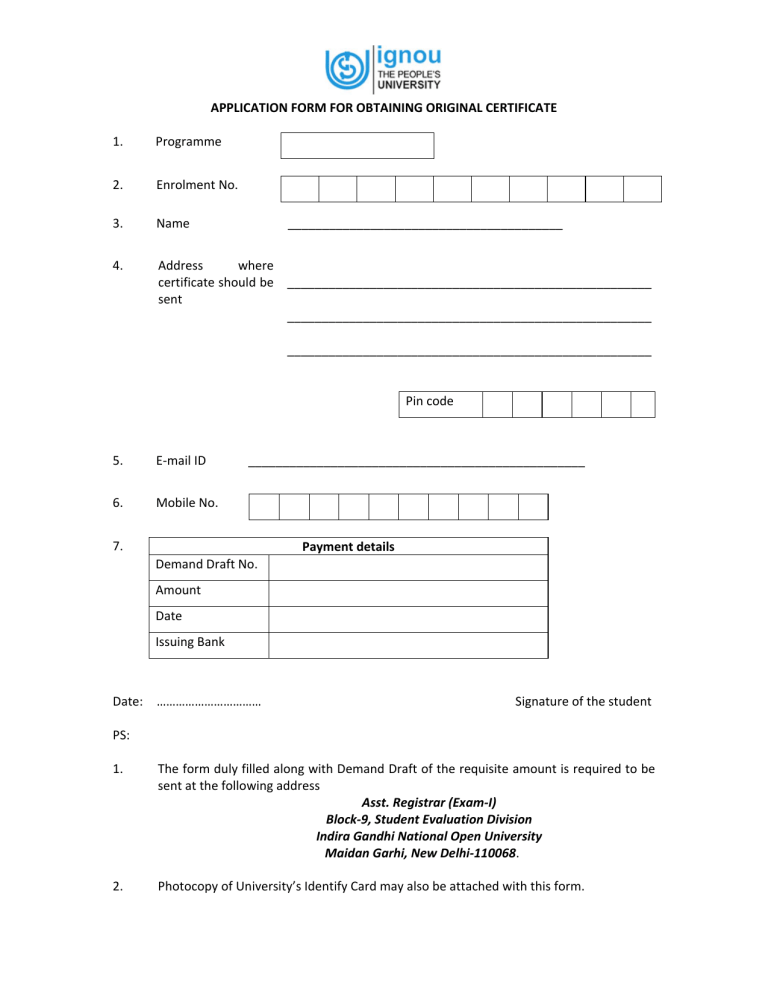 IGNOU Original Certificate Application Form