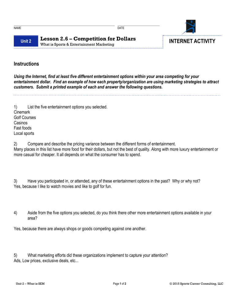 Sports & Entertainment Marketing: Competition Worksheet