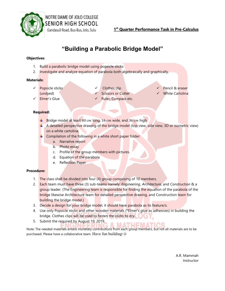 Parabolic Bridge Project: Pre-Calculus Performance Task