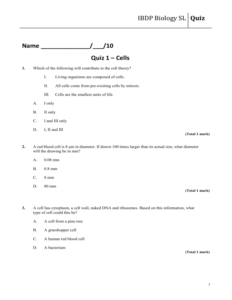 IBDP Biology SL Quiz: Cells - Practice Questions