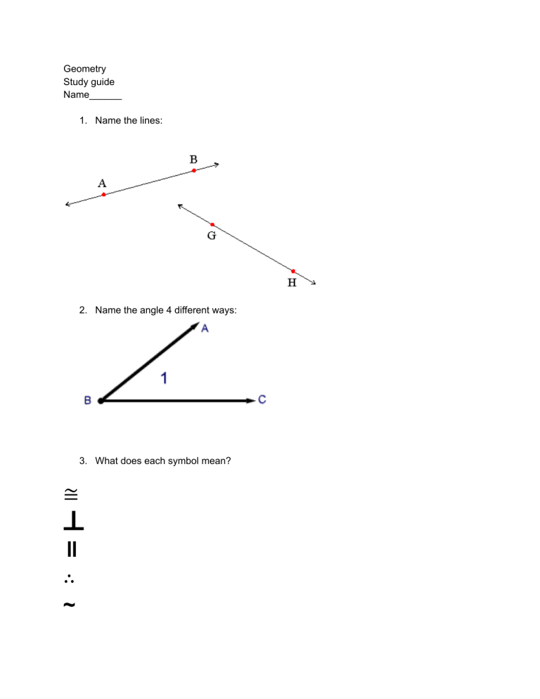 Geometry Study Guide: Lines, Angles, Slopes