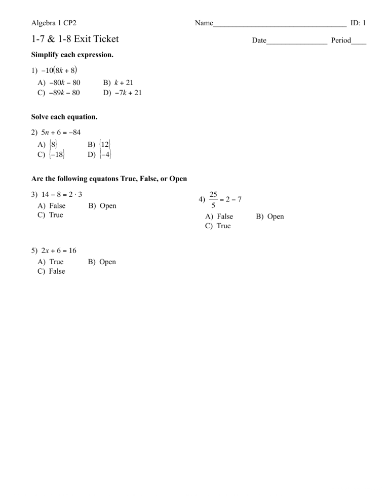 Exit Ticket Algebra 1 CP2 Solving equations