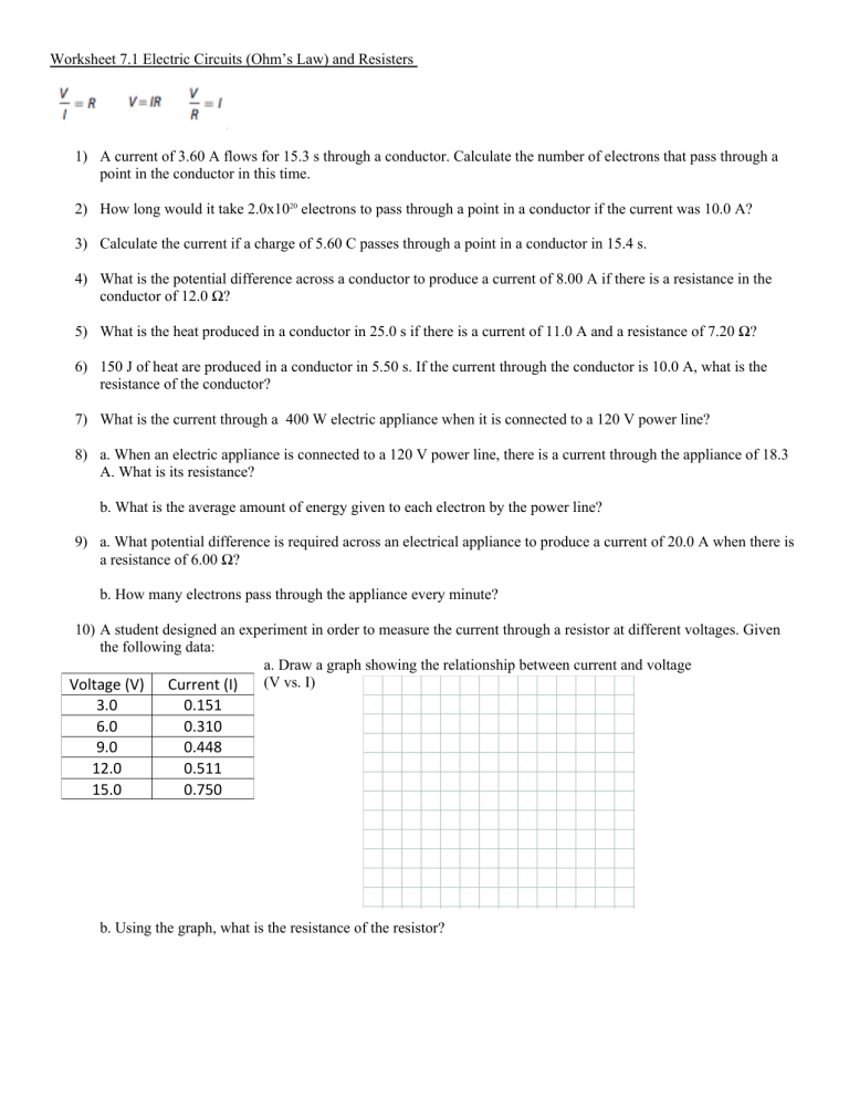 Electric Circuits Worksheet: Ohm's Law & Resistors