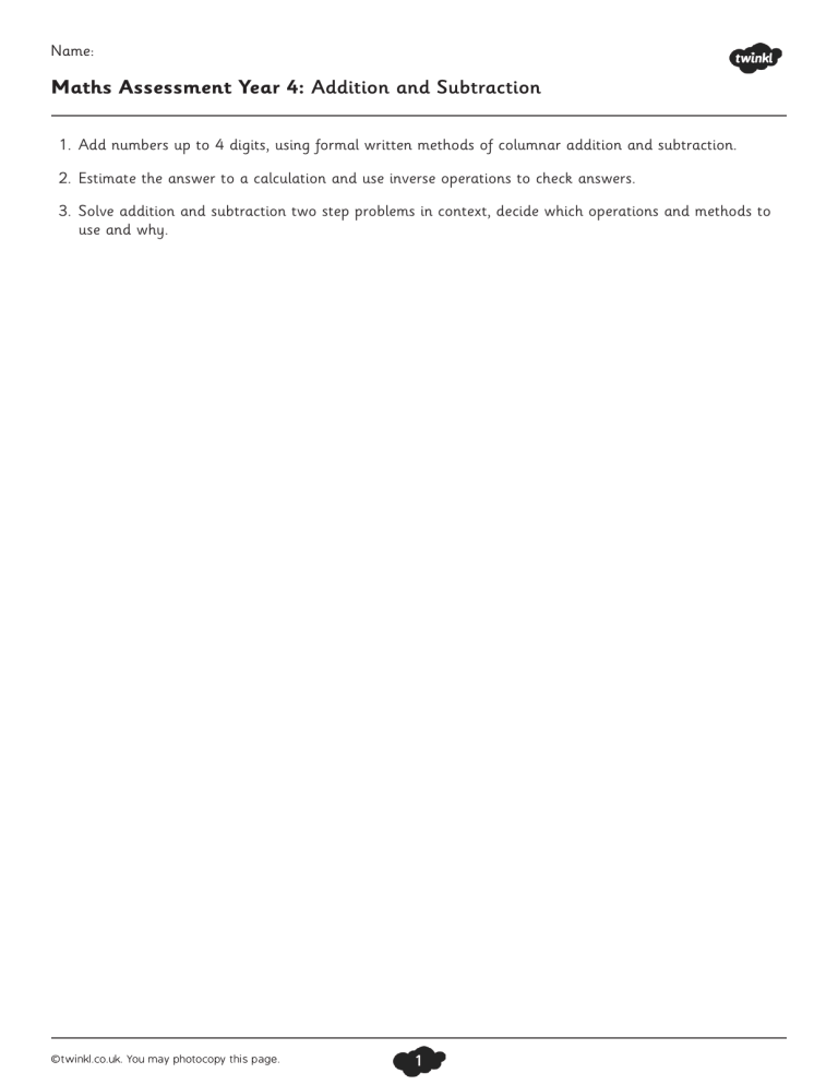 Year 4 Maths Assessment: Addition & Subtraction