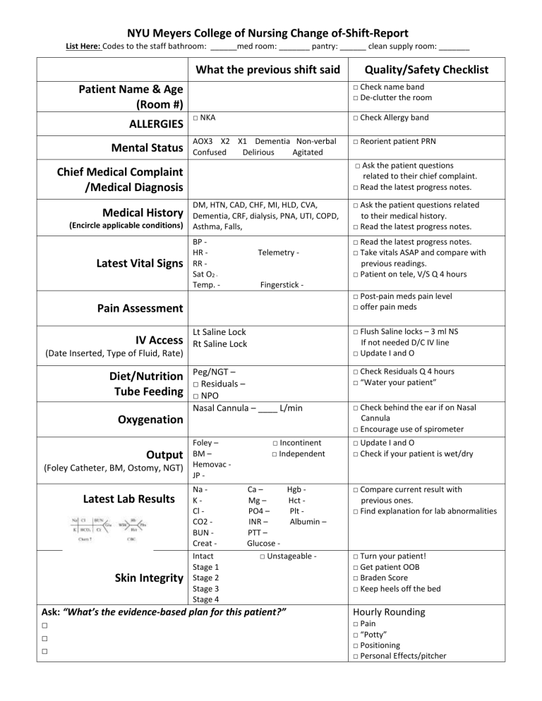 Change of Shift Report Form - Fall 2021