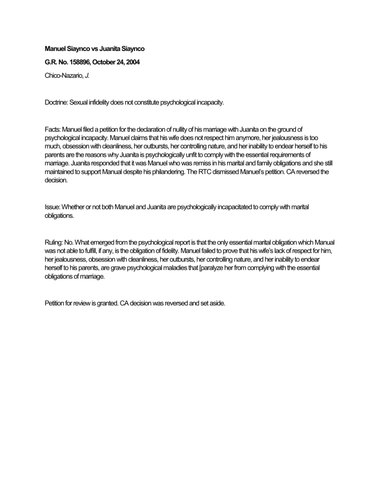 Siaynco vs. Siaynco: Psychological Incapacity Case Summary