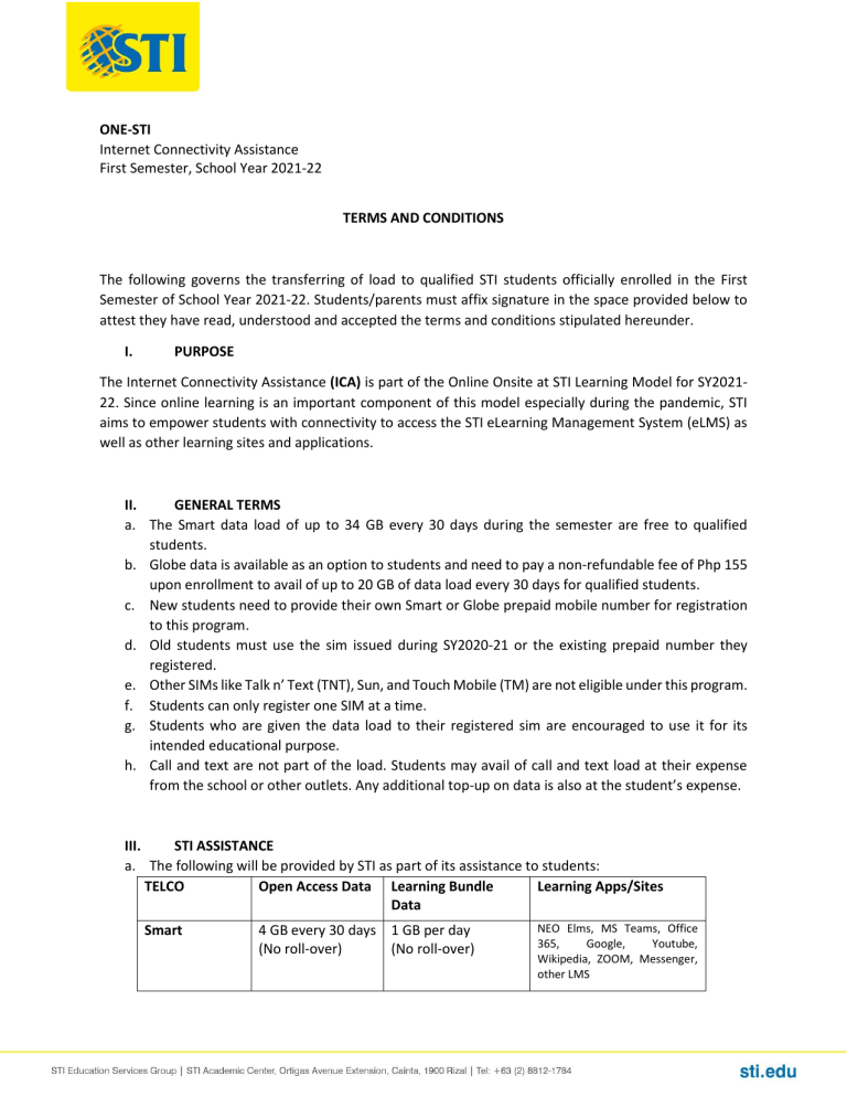 ICA Terms and Conditions for Students