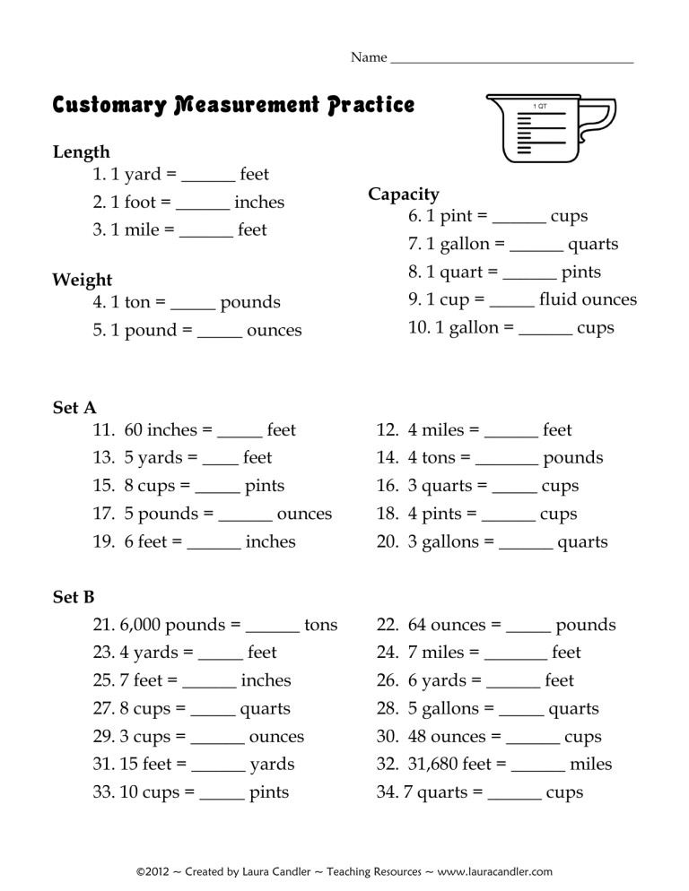 Customary Measurement Conversion Practice Worksheet