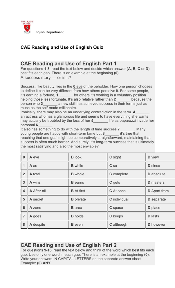 CAE Reading & Use of English Quiz