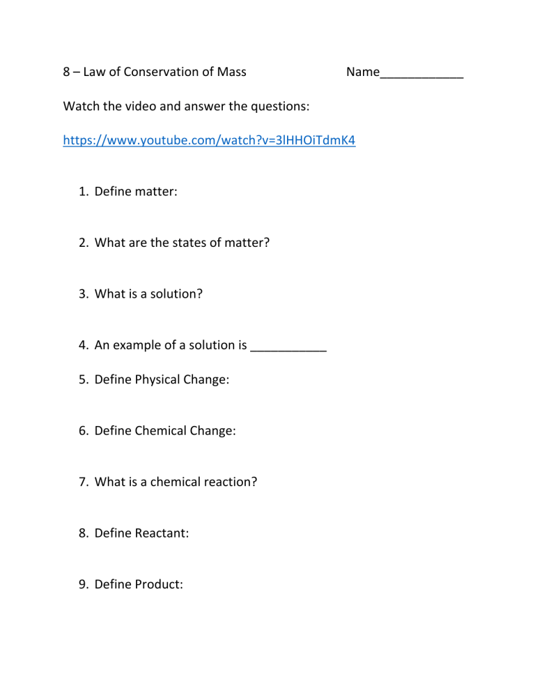 Law of Conservation of Mass Worksheet