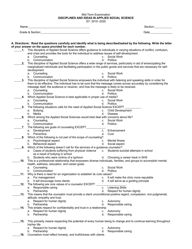 Applied Social Science Exam: Counseling, Social Work