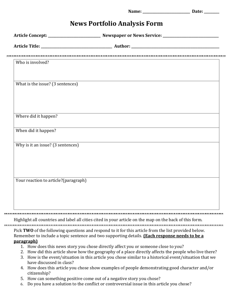 News Article Analysis Worksheet