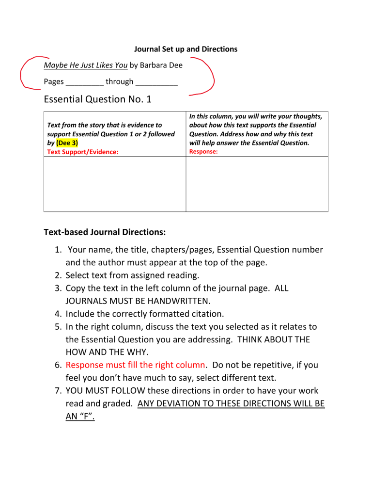 Journal Set up and Directions MHJLU