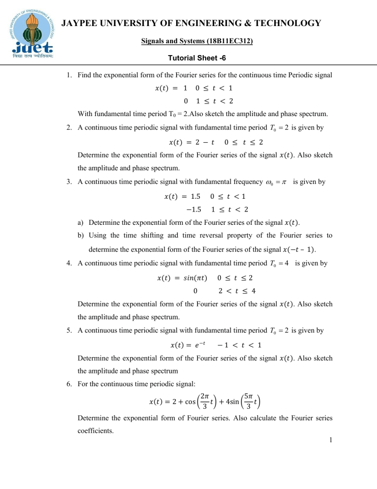 Tutorial 6 Signals and Systems