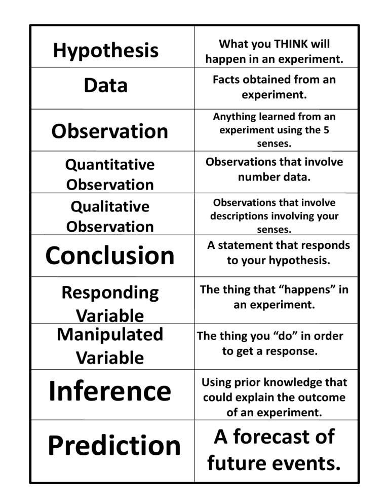 Science Experiment Terms: Hypothesis, Data, Observation