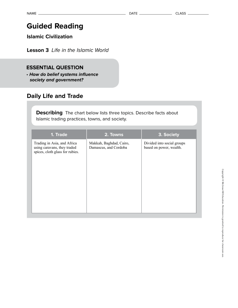 Islamic Civilization Guided Reading Worksheet