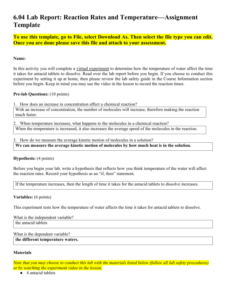 Reaction Rates & Temperature Lab Report Template
