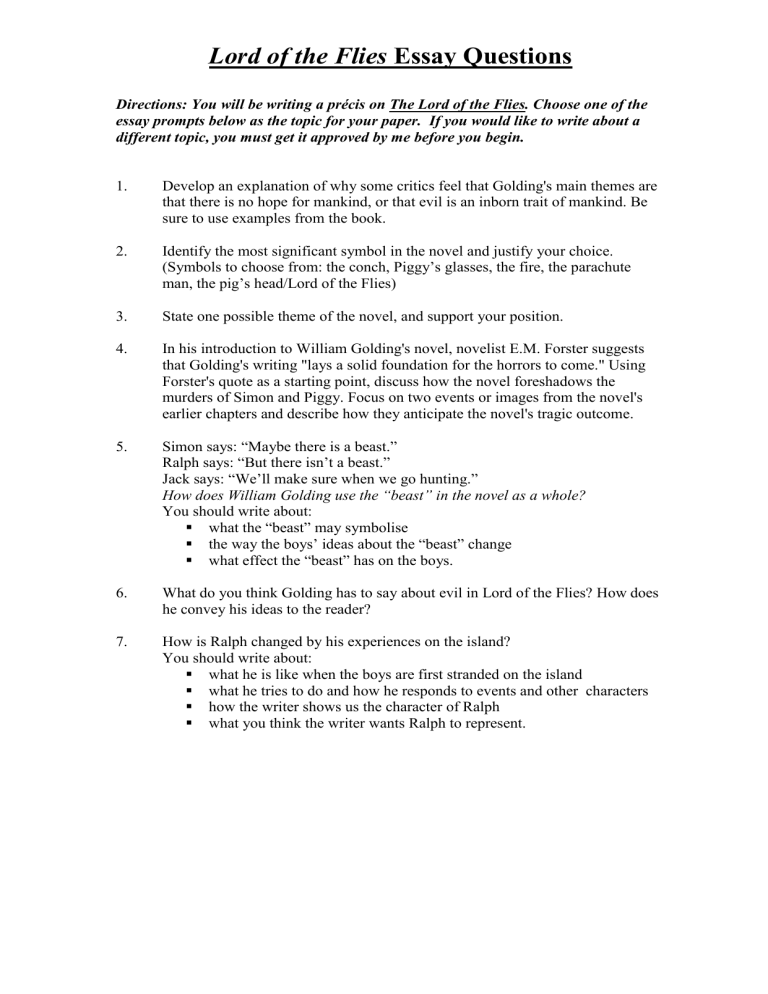 Lord of the Flies Essay Questions & Seminar Prep