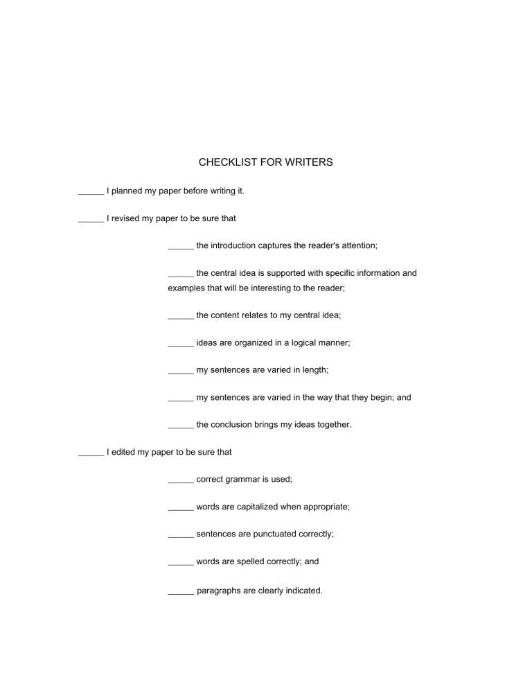 Writing Checklist: Plan, Revise, Edit Your Paper