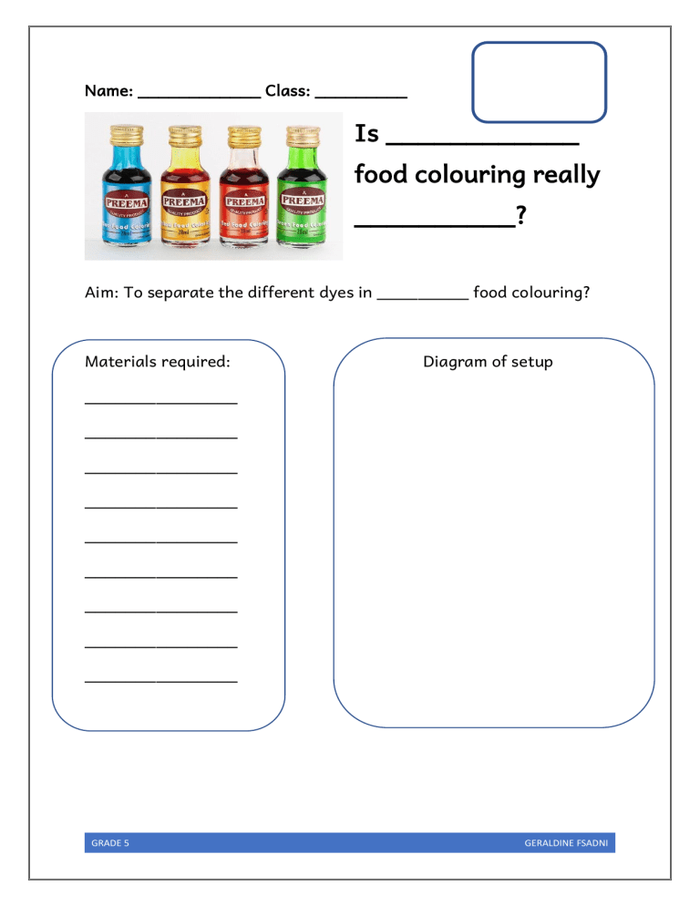 Food Coloring Chromatography Worksheet - Grade 5 Science