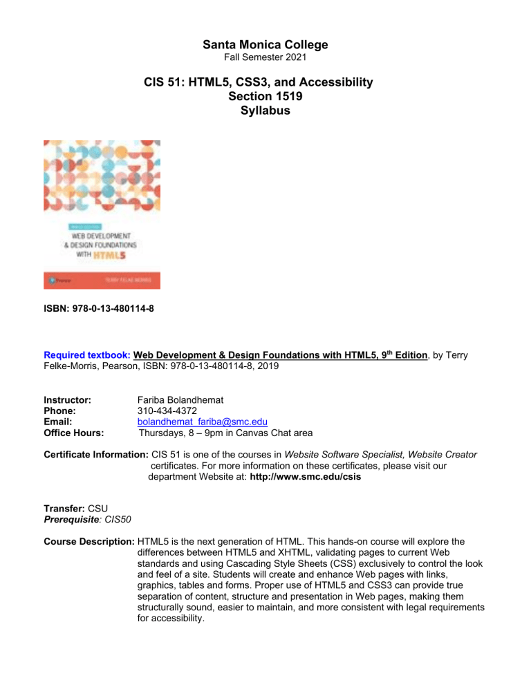 CIS 51 Syllabus: HTML5, CSS3, Accessibility
