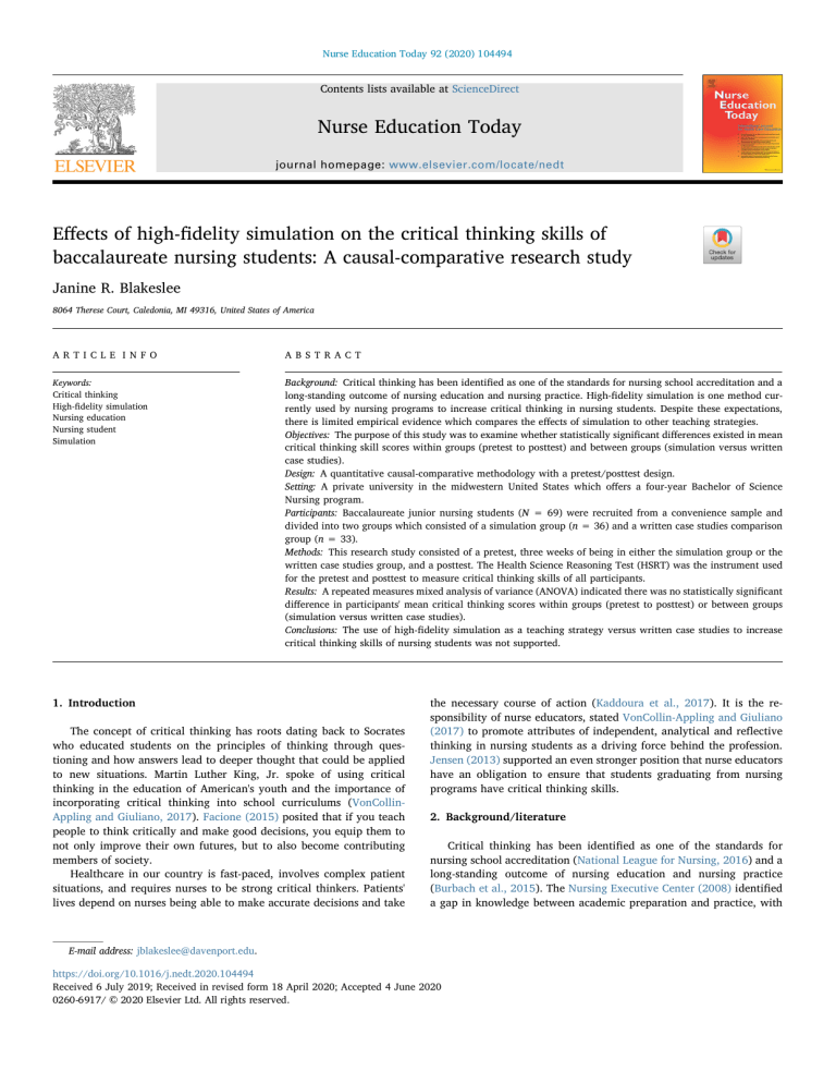 Effects of high-fidelity simulation on the critical thinking skills of baccalaureate nursing ...