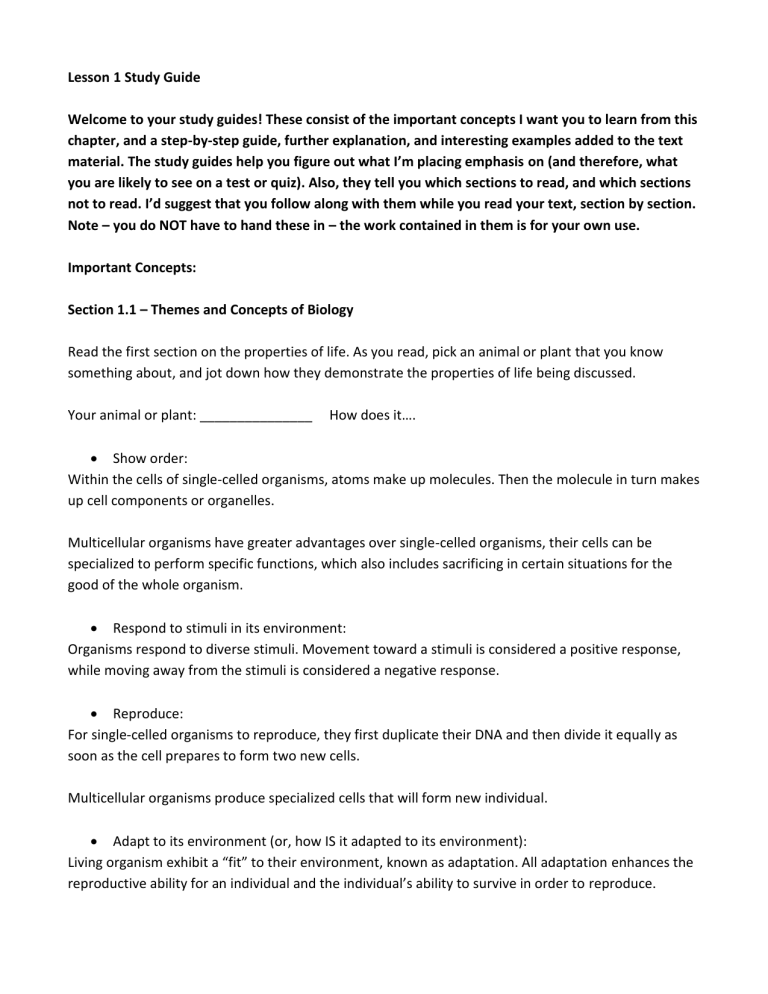 Lesson 1 Study Guide (Biology)
