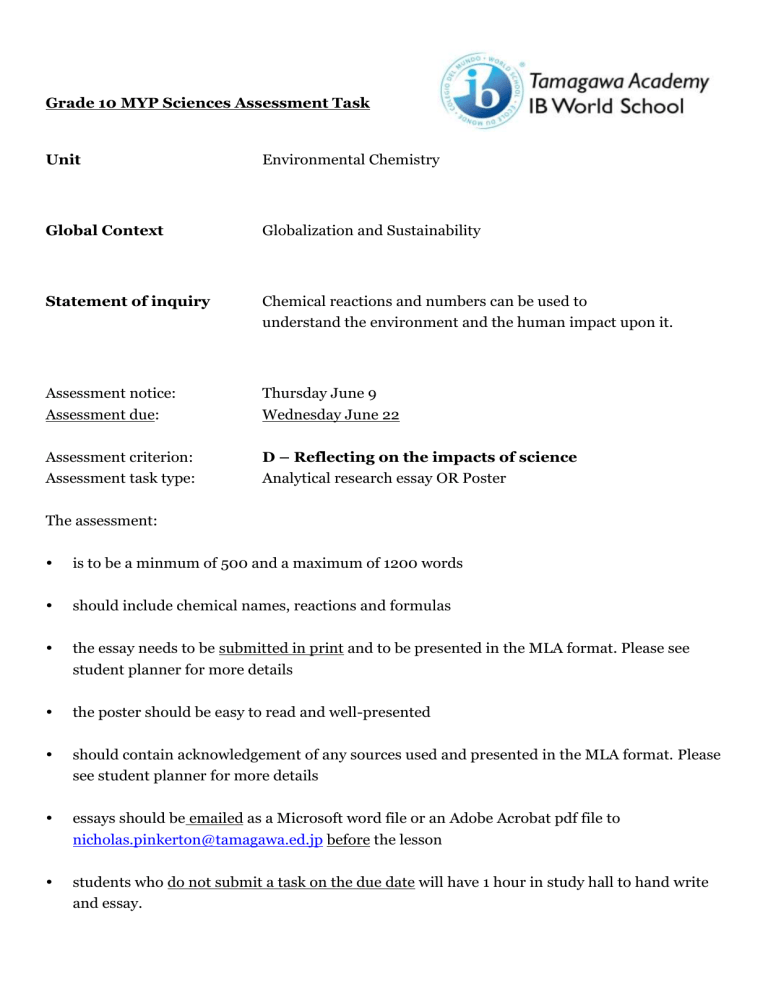 Grade 10 MYP Environmental Chemistry Assessment Task
