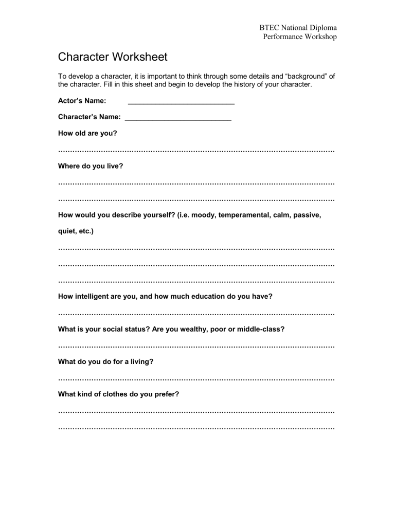 Character Development Worksheet for Performance Workshop
