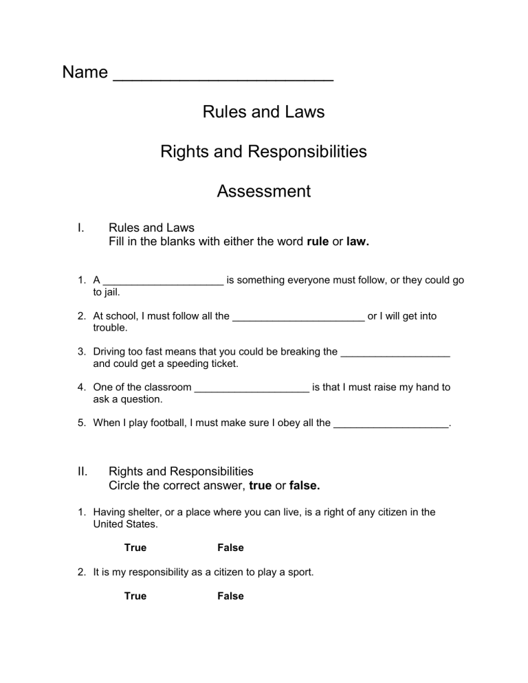 Rules, Laws, Rights, Responsibilities Worksheet