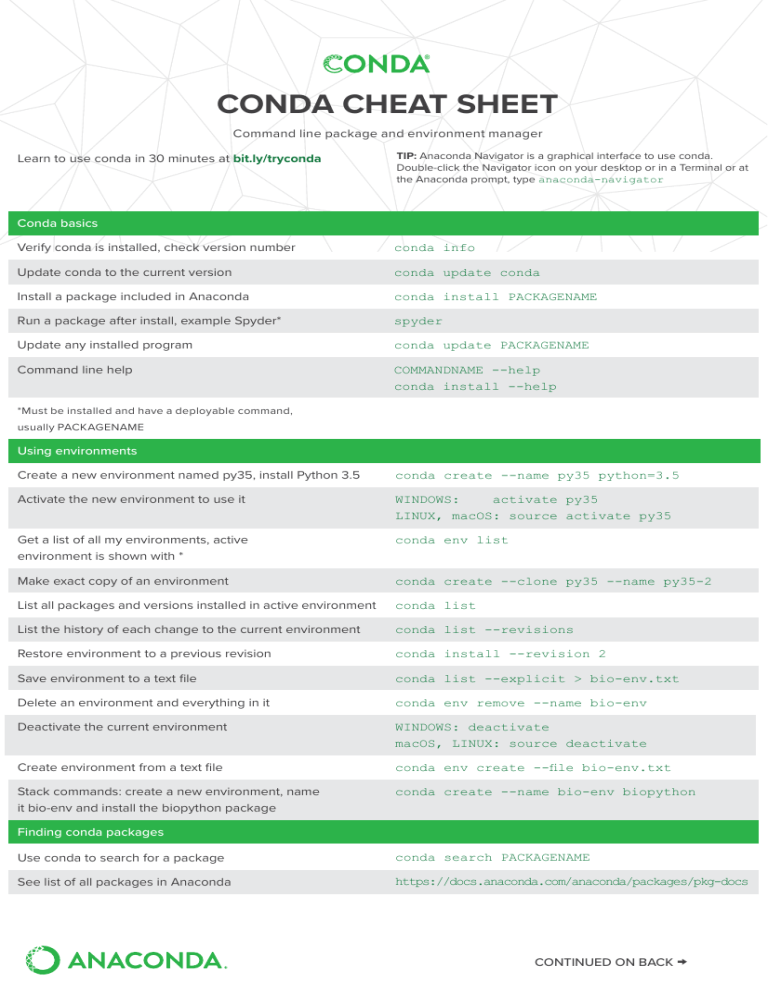 Conda Cheat Sheet: Command Line Package Manager