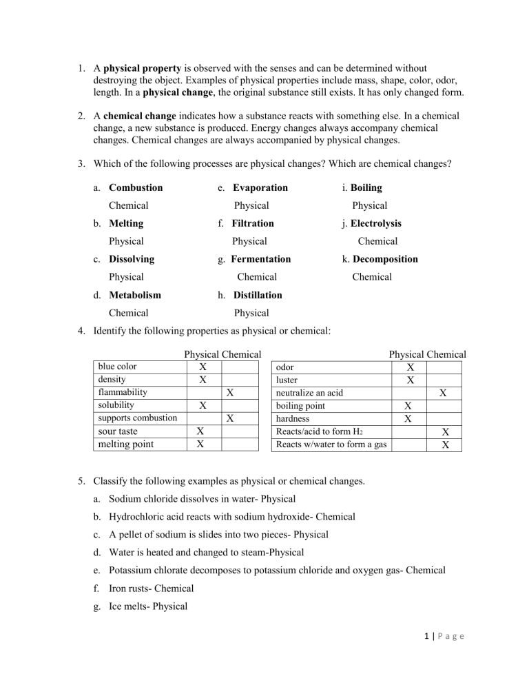 Physical & Chemical Properties Worksheet