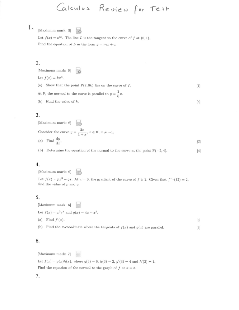 Calculus Review Worksheet