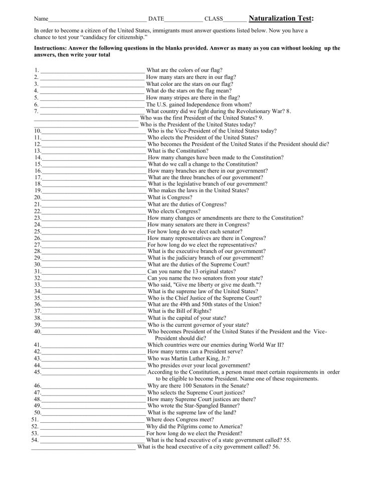 US Naturalization Test: Civics & Government Questions