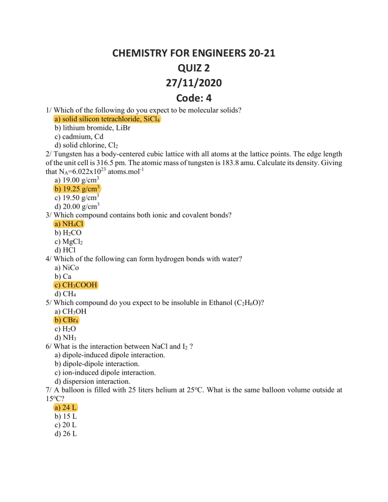 Chemistry Quiz for Engineers