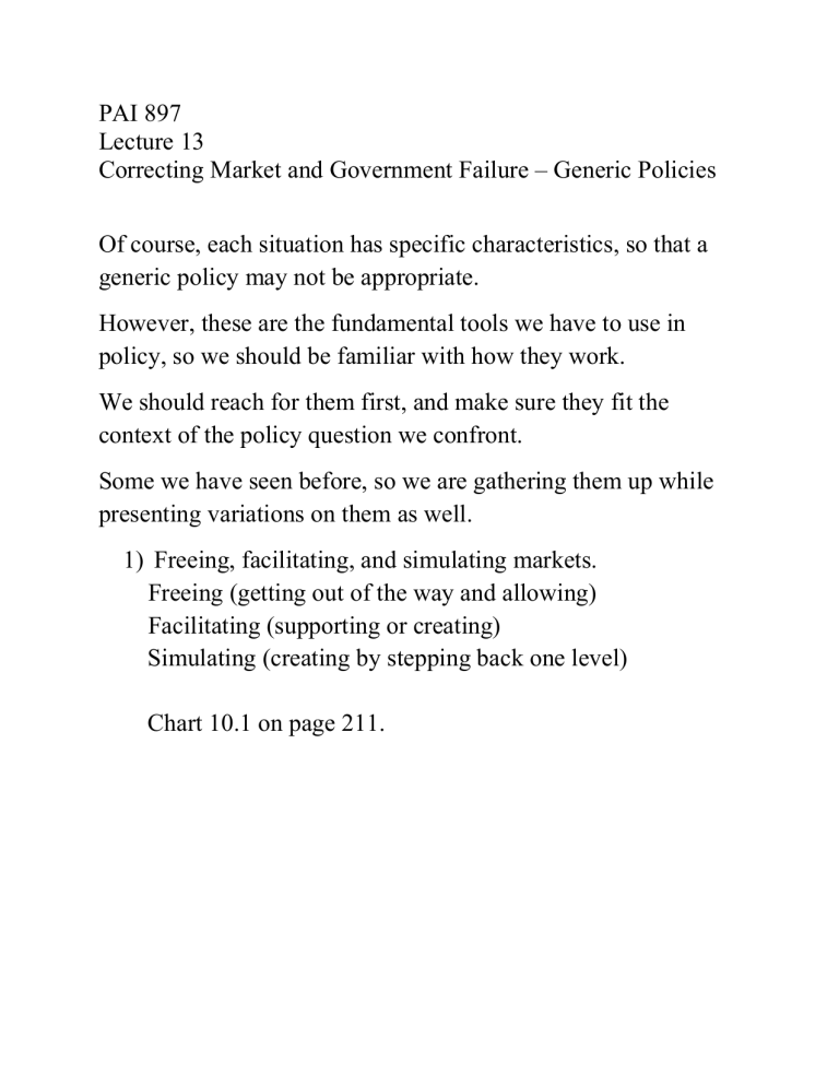 Market & Government Failure: Generic Policies Lecture Notes