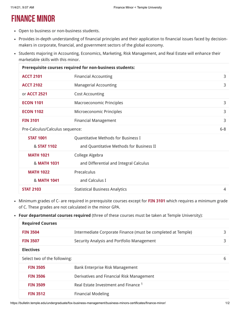 Temple University Finance Minor Curriculum