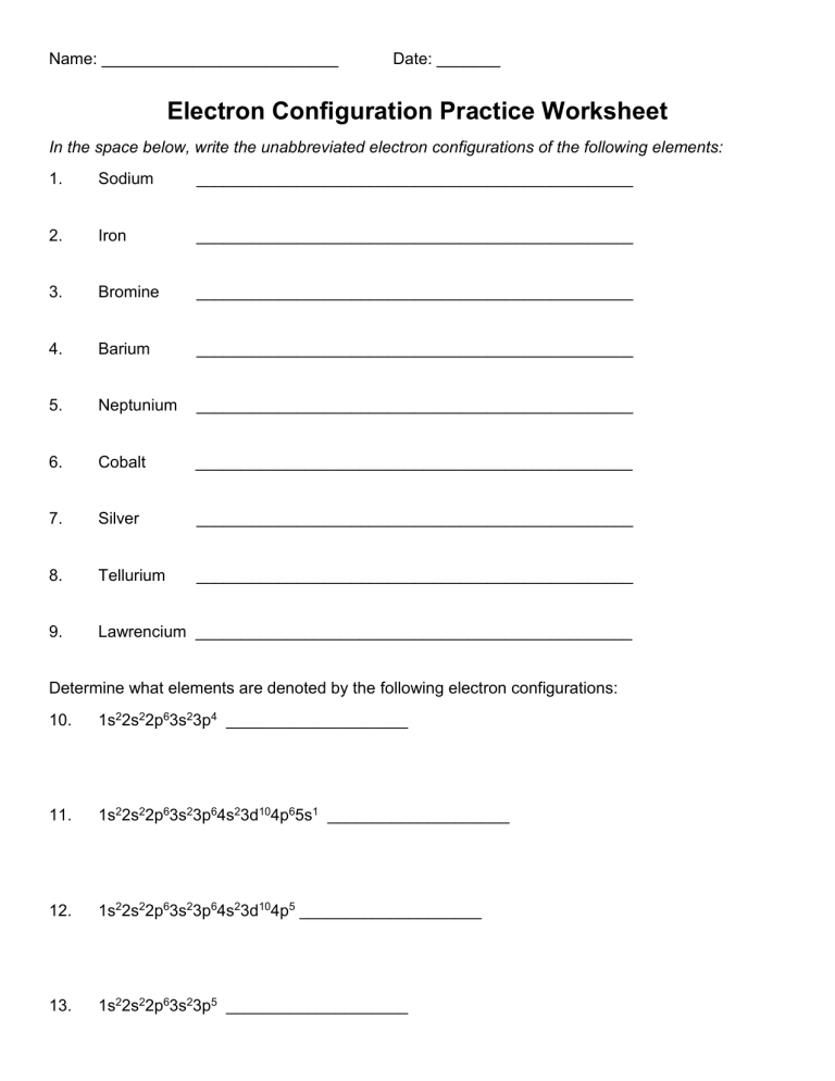 Electron Configuration Practice Worksheet