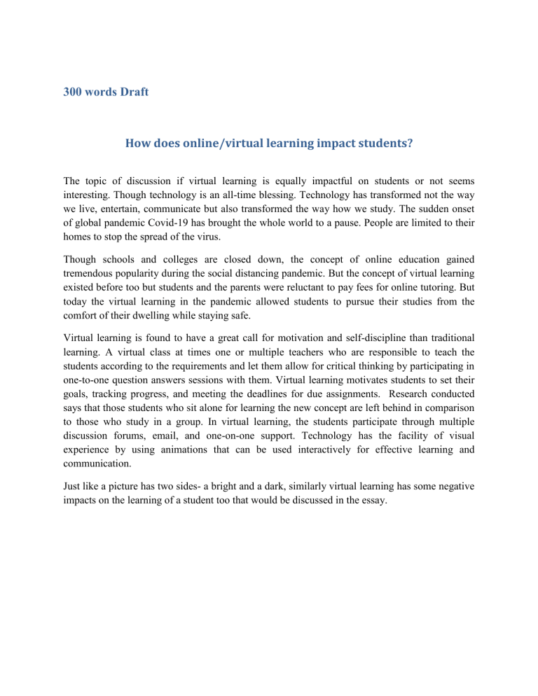 Online/Virtual Learning Impact on Students: An Essay Draft