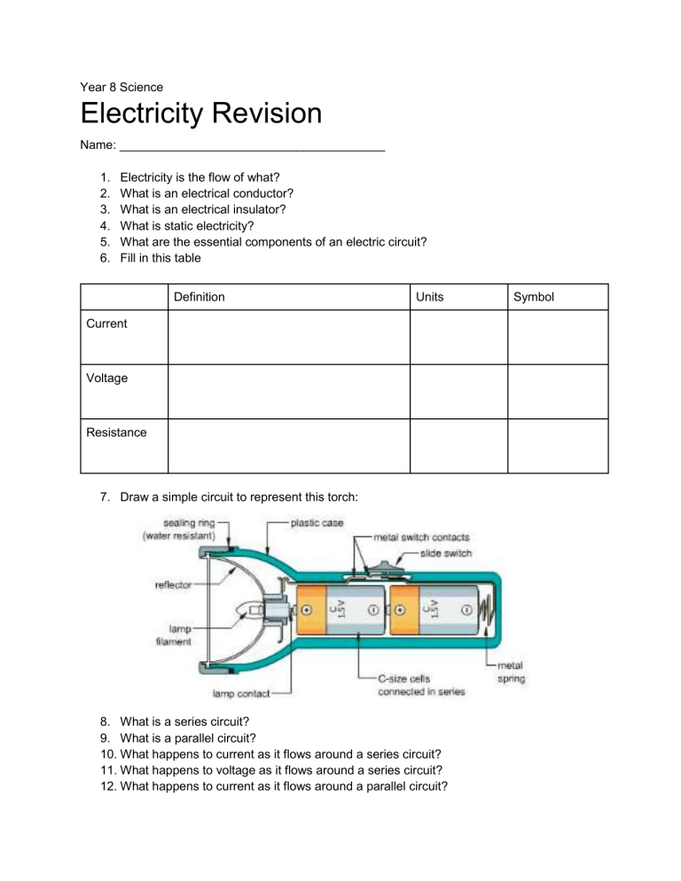 Year 8 Electricity Revision Worksheet