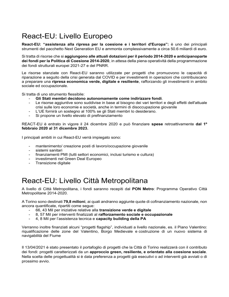 React-EU: Fondi Europei per Torino - Transizione e Coesione