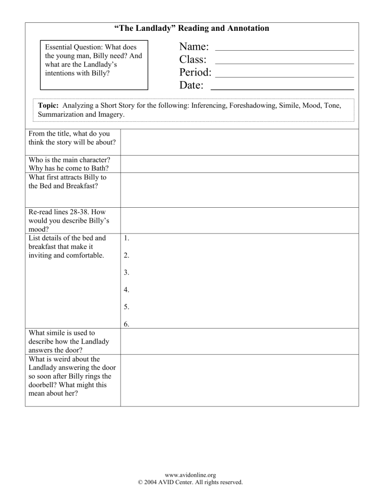 The Landlady Short Story Analysis Worksheet