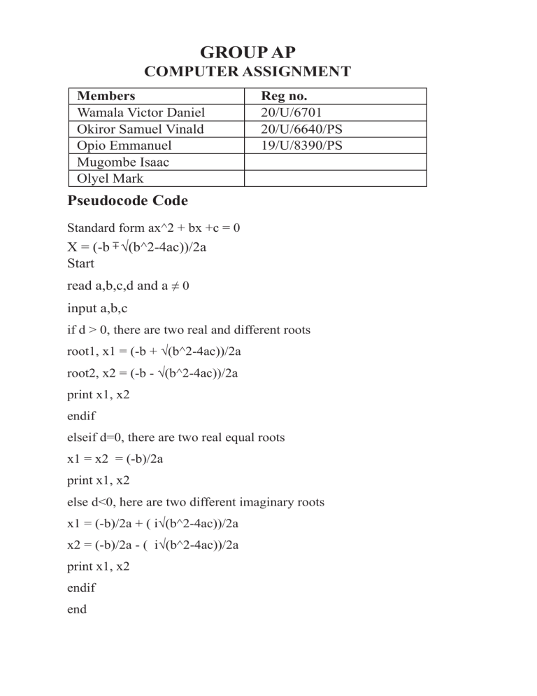 Quadratic Equation Solver: Pseudocode & Flowchart