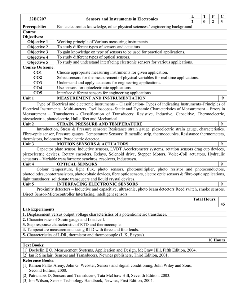Sensors & Instruments in Electronics Course Syllabus